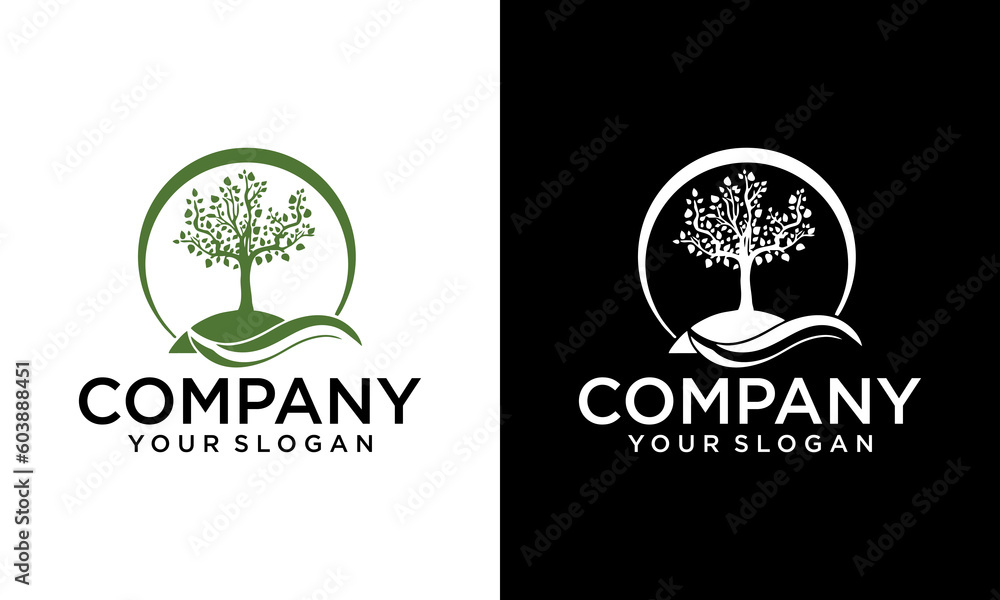 Circle tree logo icon template design. Round garden plant natural line ...