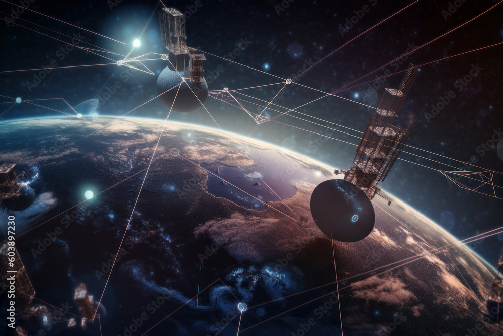 A digital world map with a network of nodes overlayed, representing the ...