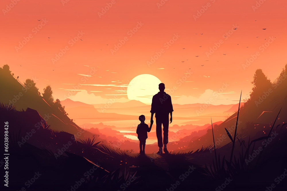 Silhouette father and son holding hands standing on hill against ...