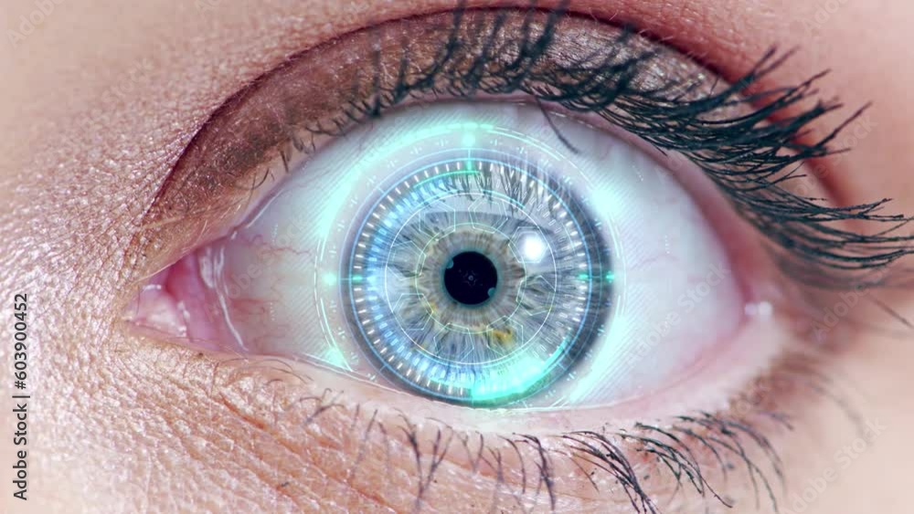 Biometric, closeup and eye of futuristic human, technology or AI for ...