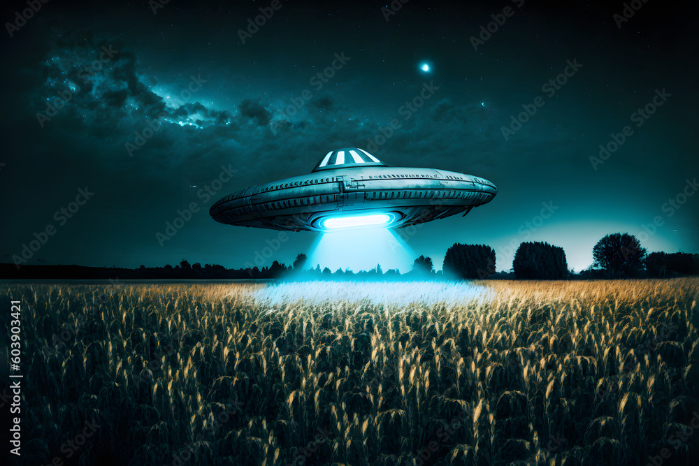 UFO saucer hovering over corn field at starry night with wide beam of light underneath, neural ...