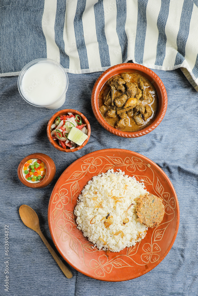 Beef Chui Jhal Combo with pulao rice, shami kabab, korma karahi, kala ...