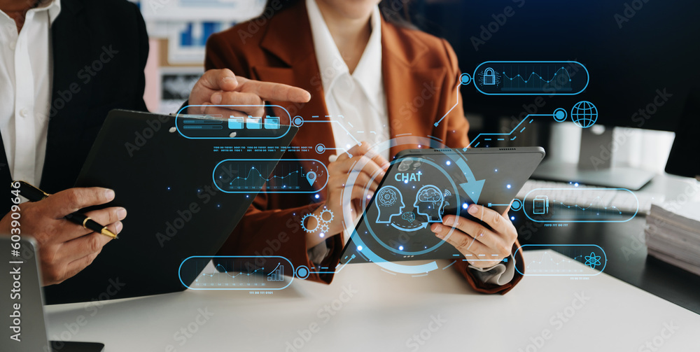 Woman and Man using chat bot in smartphone intelligence Ai. Chat with ...