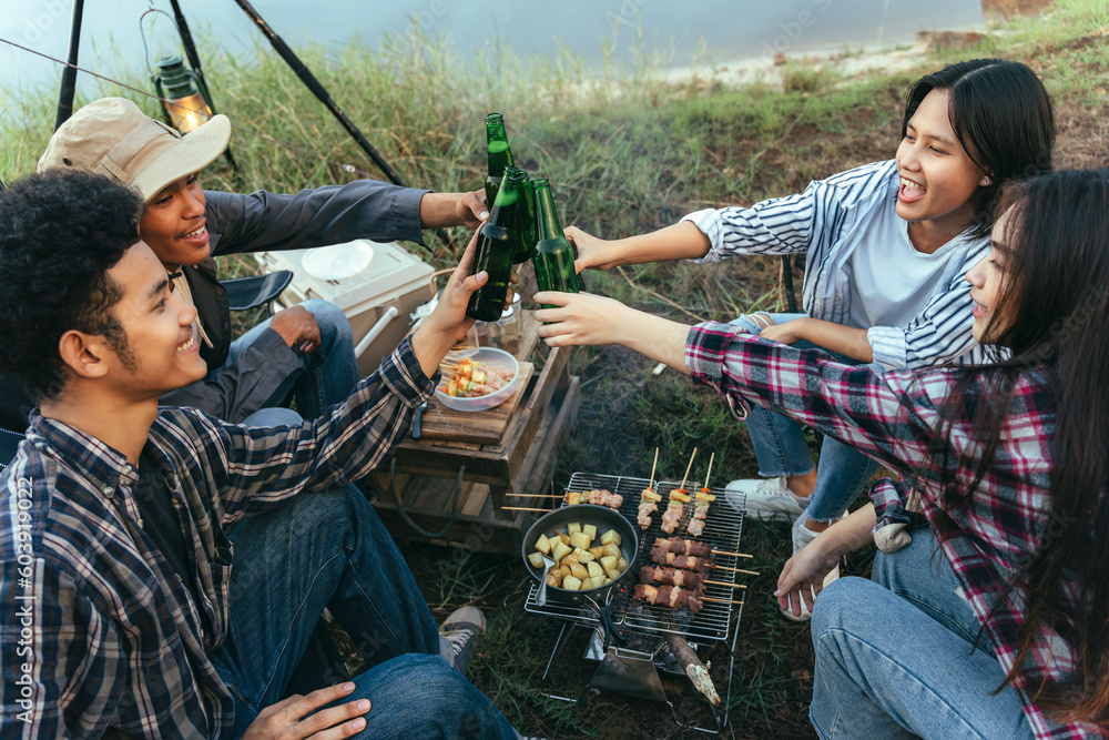 Zdjęcie Stock: Asian LGBTQ+ couple drinking and barbecue in a romantic ...