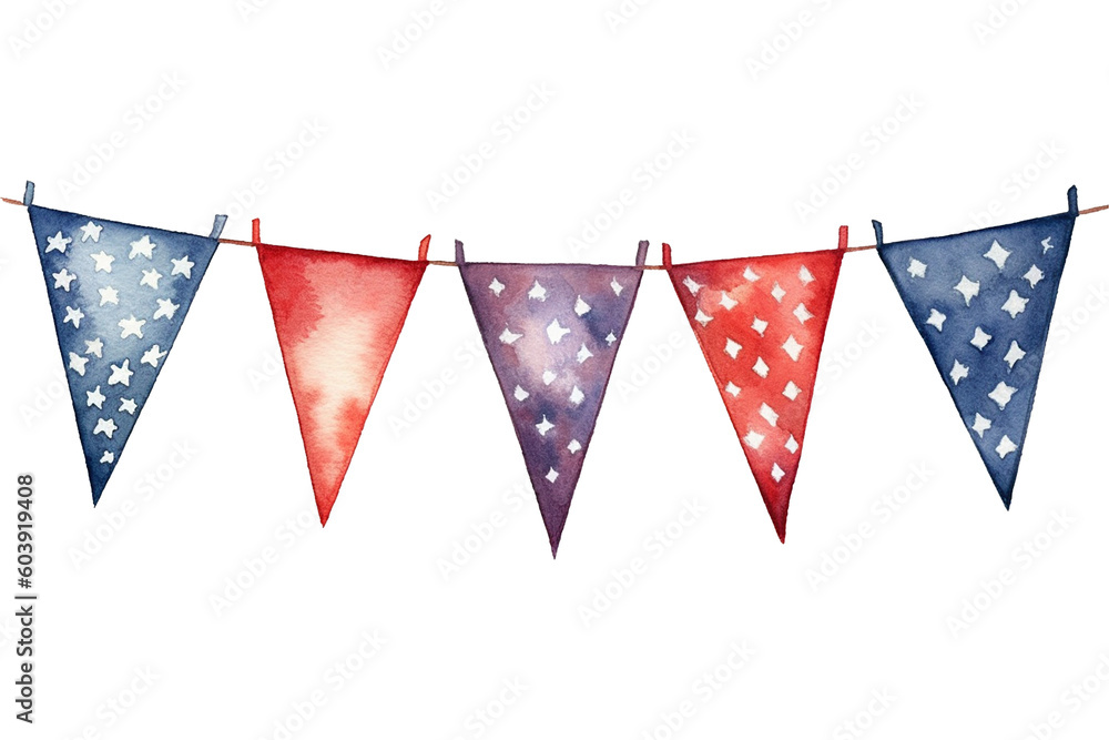 Red, Blue and Purple Flags Garland, Watercolor Clipart created with ...