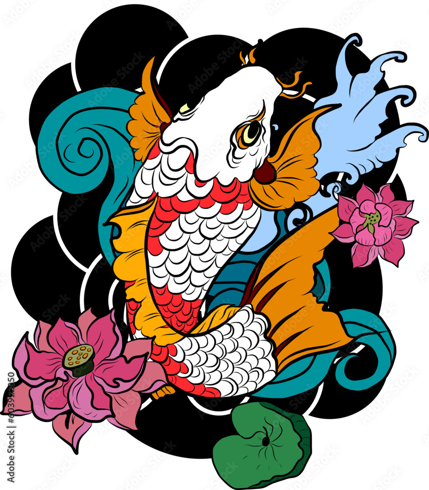 vector illustration of Japanese koi fish tattoo style drawing. Japanese ...