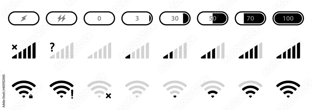 Battery signal and Wi-Fi icon symbol black and white icons pack. Mobile phone signal, wi-fi ...