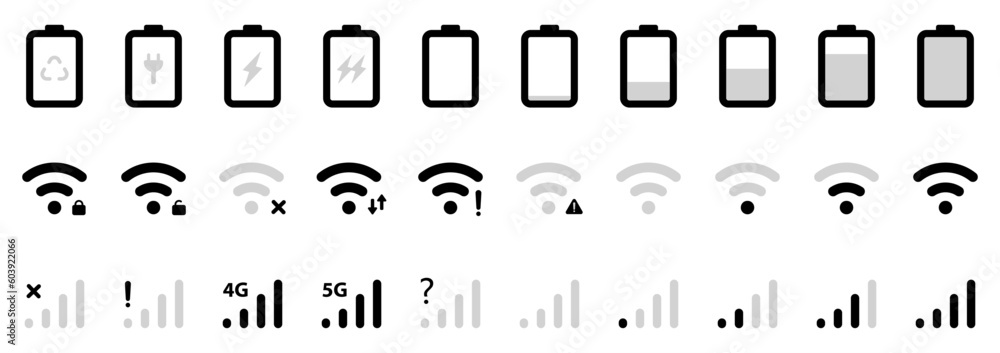 Battery signal and Wi-Fi icon symbol black and white icons pack. Mobile ...