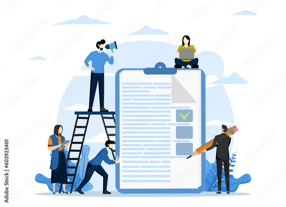 Vector illustration, tiny people filling out forms, complete work ...