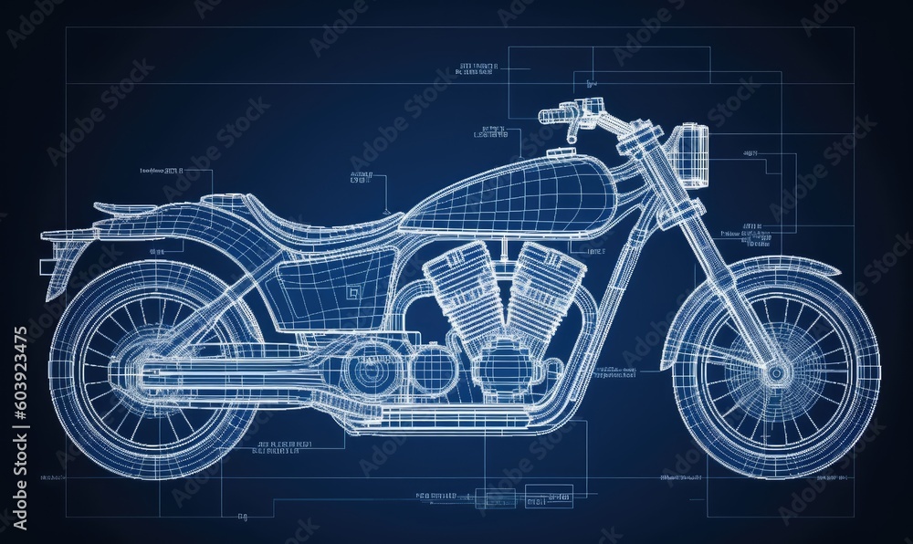 Detailed technical drawing of a motorcycle showcased in a blueprint ...