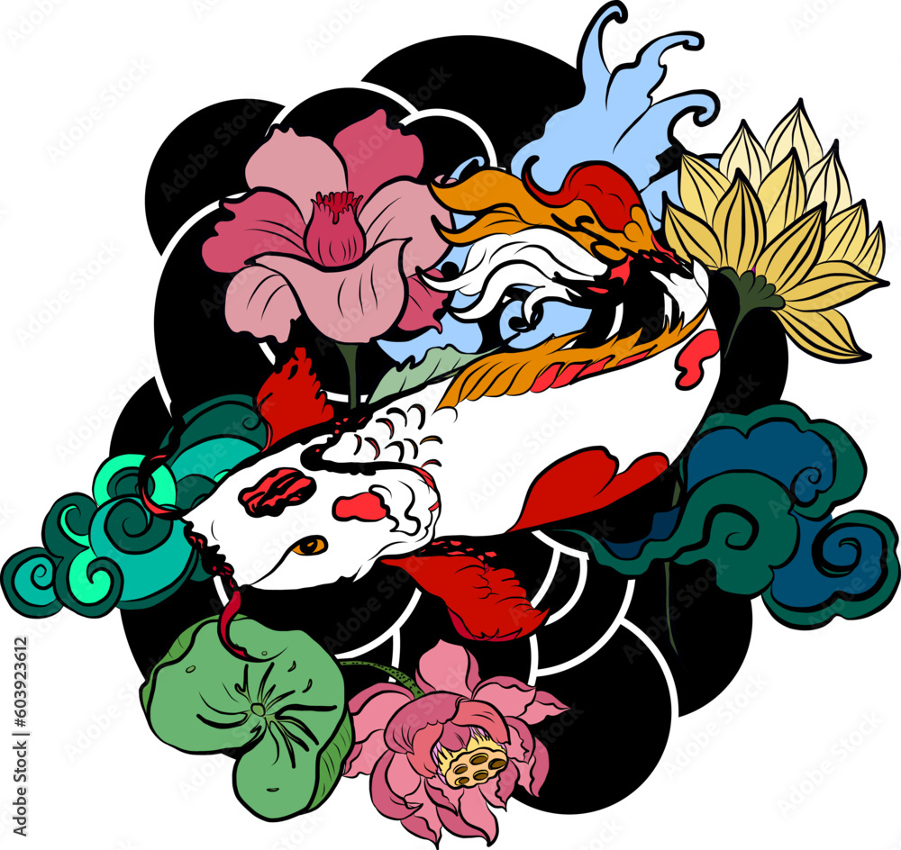vector illustration of Japanese koi fish tattoo style drawing. Japanese ...