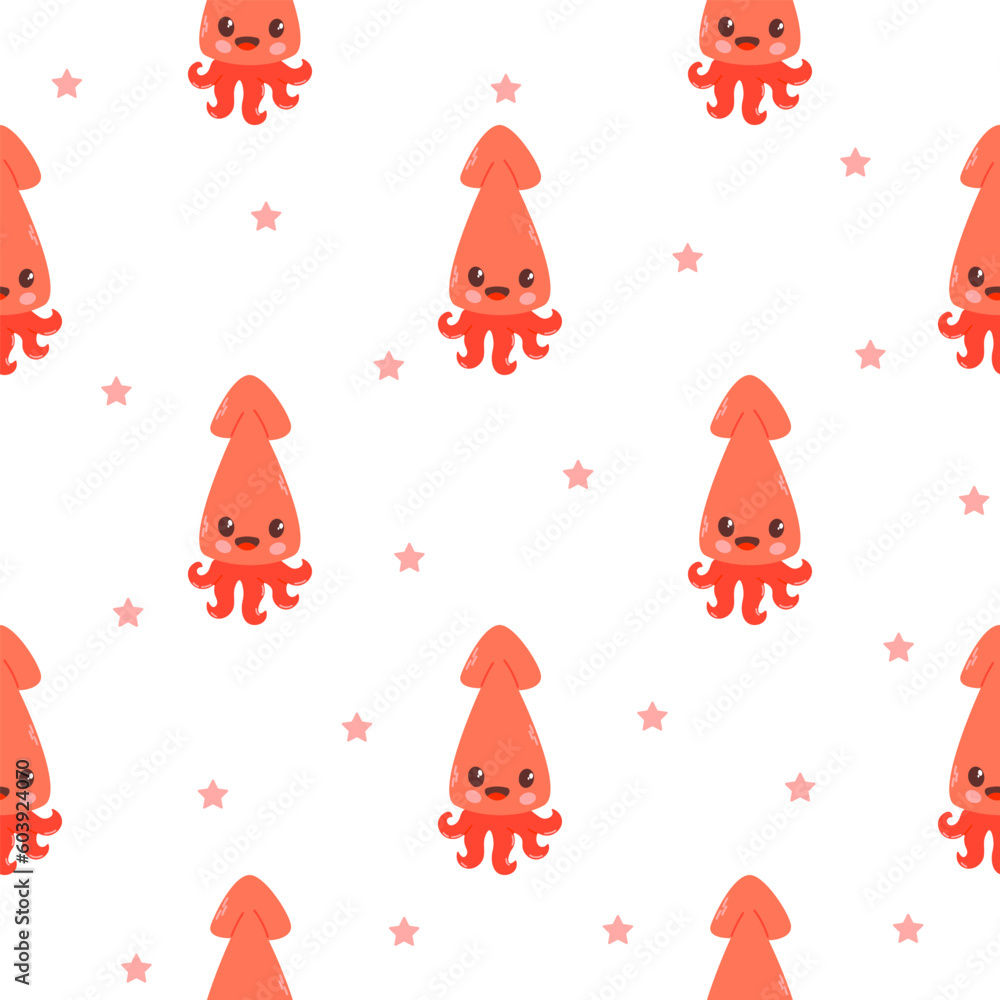 Seamless children's pattern with cute squid. Marine-themed pattern with ...