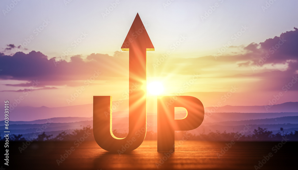 Poster Arrow rising up, sunrise and sun rising bright between upward ...