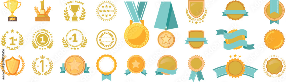 Vetor de Gold awards set, various trophy and prize emblems, golden ...
