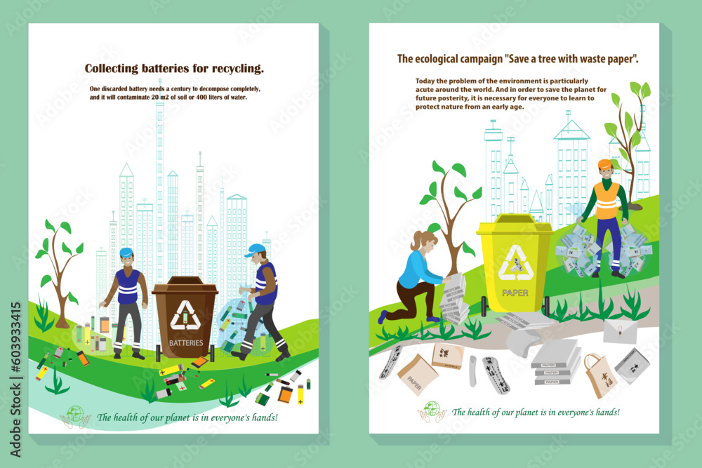 People sorting garbage. Men and women separate waste and throwing trash ...