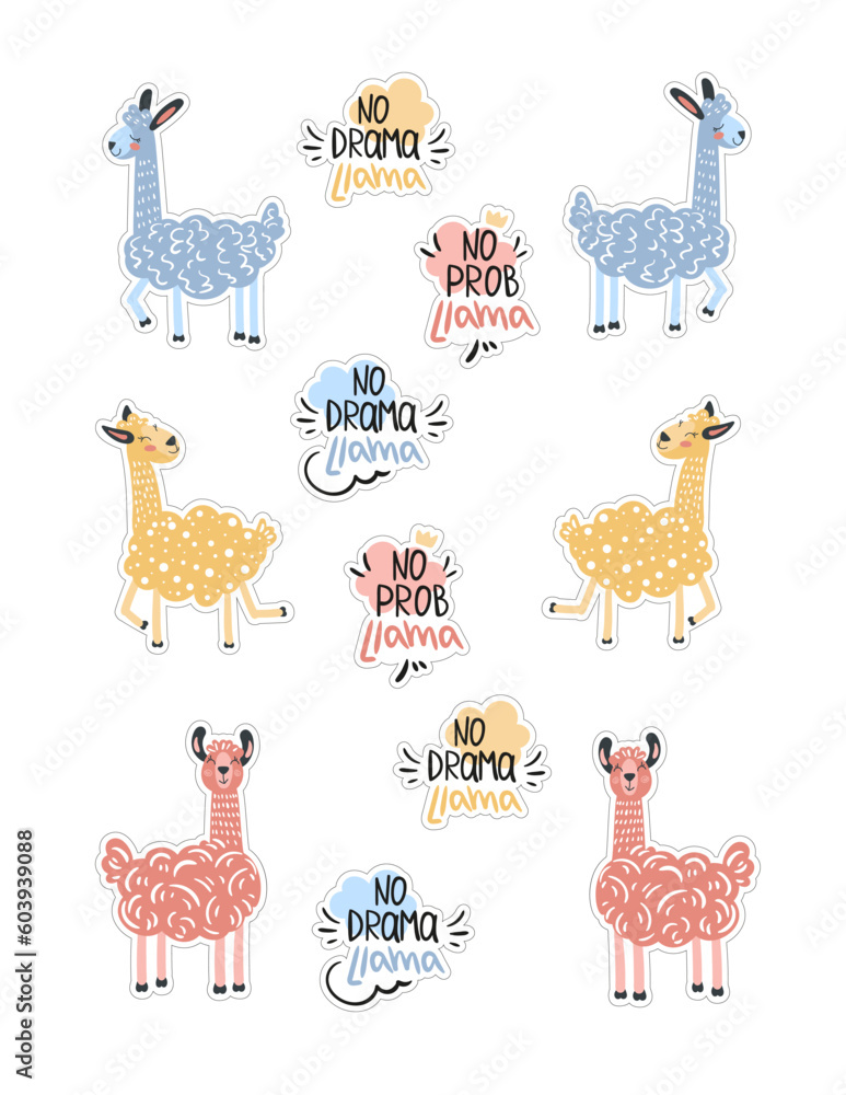 Stickers pack with cute llama and motivation slogan. No drama llama. No ...