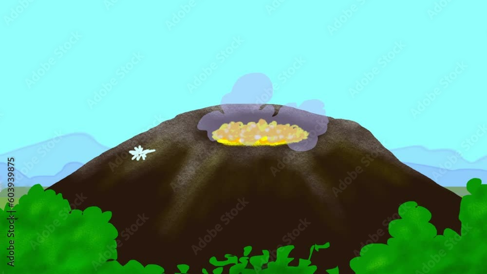 Hand drawn cartoon of volcano erruption. Smoke and boiling lava ...