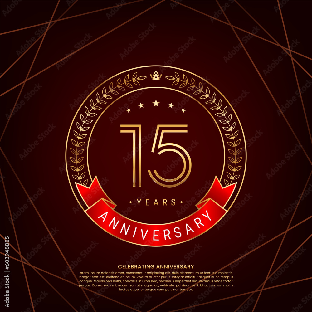15th anniversary logo with golden laurel wreath and double line numbers, logo design for ...