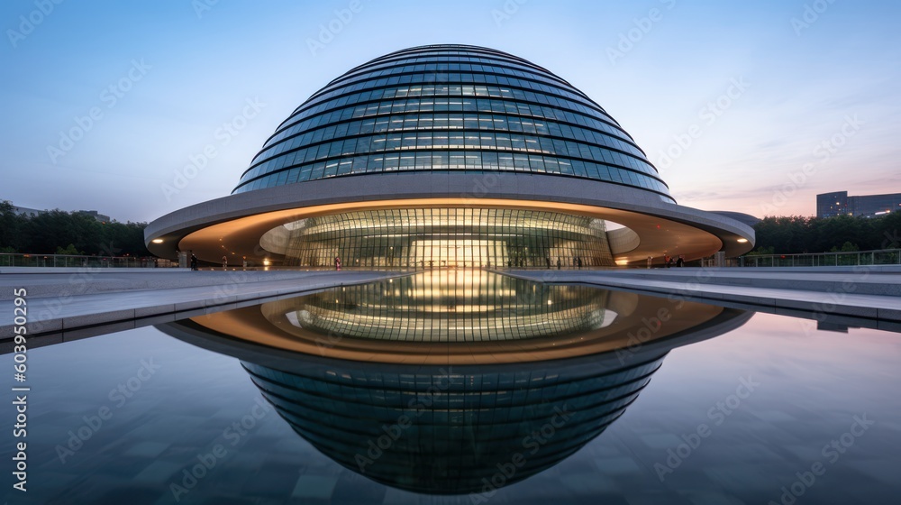 Glowing in the sunset's warm embrace, the modern city hall, an ode to ...