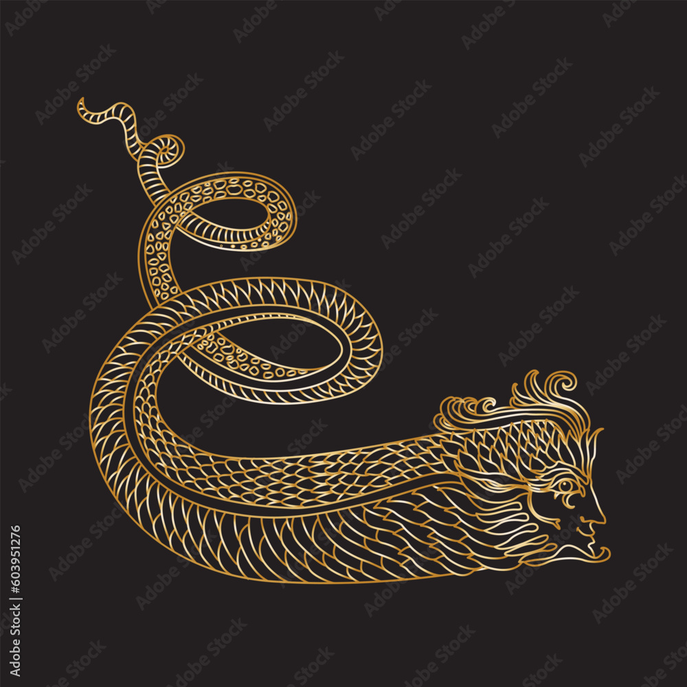 Vector gold contour drawing of fantasy underwater snake man on a black ...