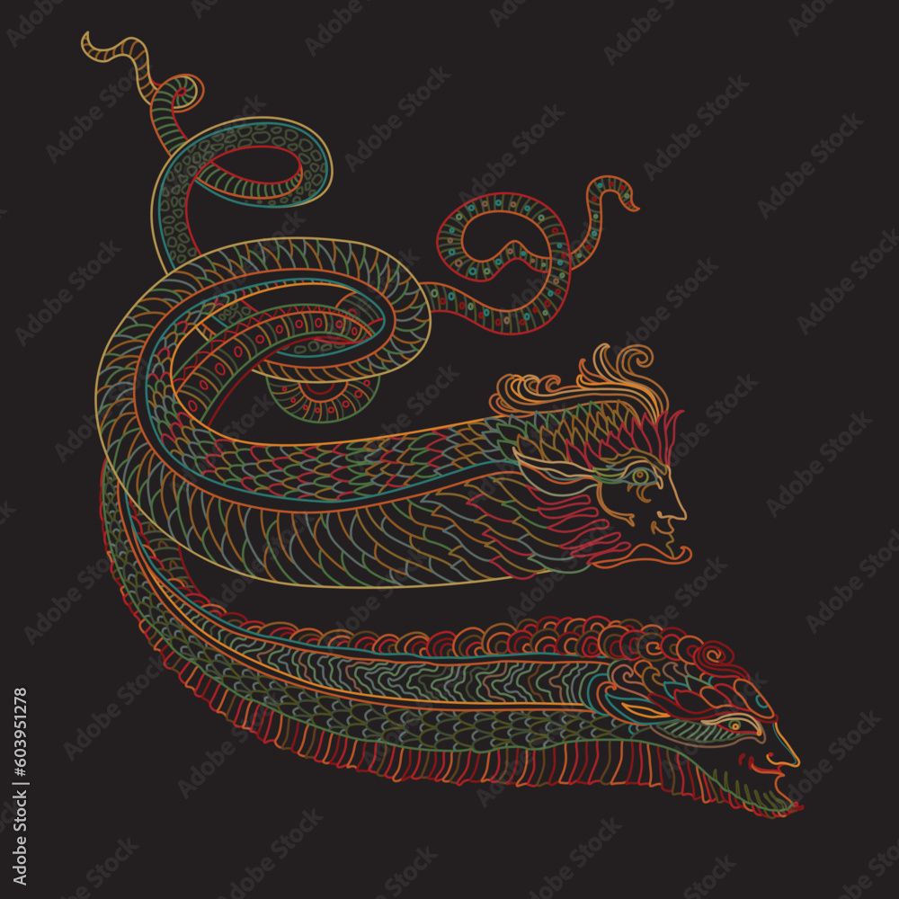 Vector ornate colored contour drawing of fantasy underwater snake man ...