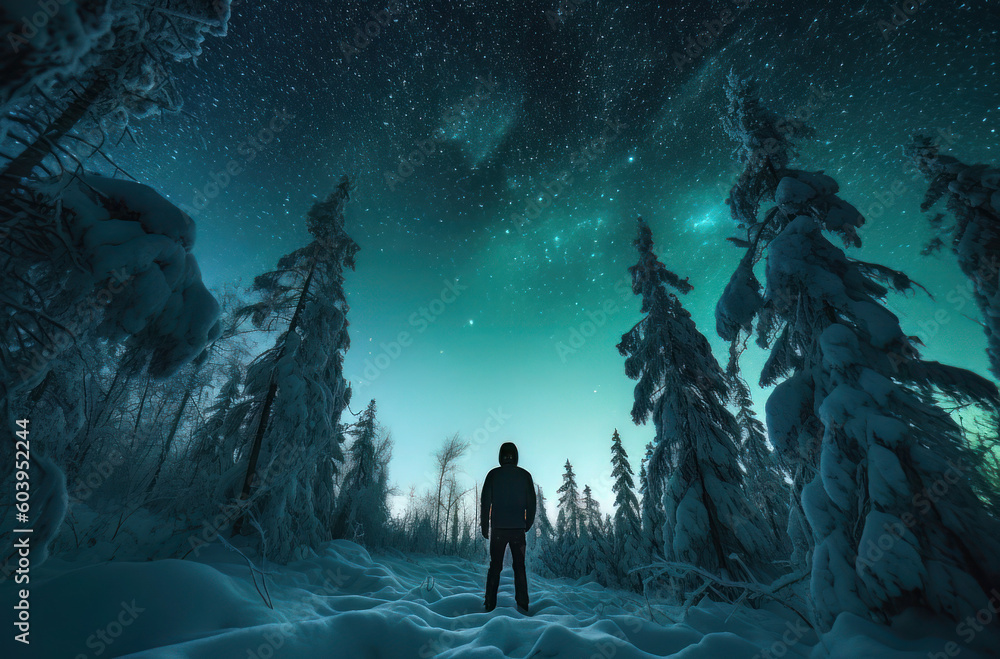 person standing in deep snowy forest, in the style of interstellar ...