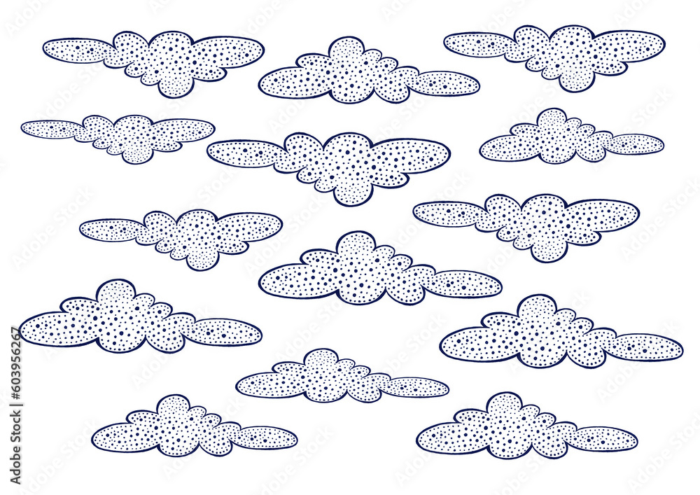 Pattern of clouds on a white background. Rounded shapes. Black outline. The clouds are drawn in ...