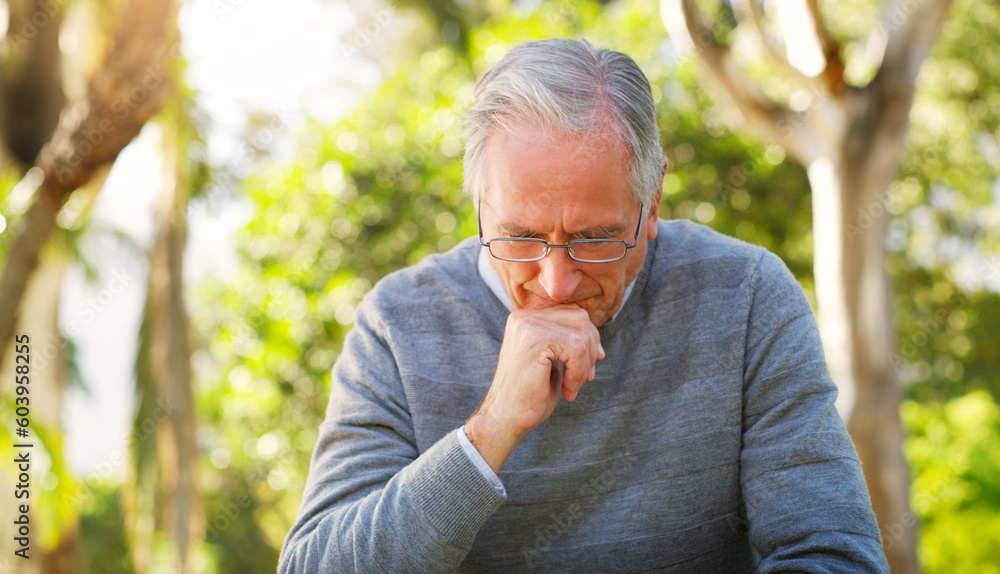 Depression, park and senior man crying while sitting on a bench ...