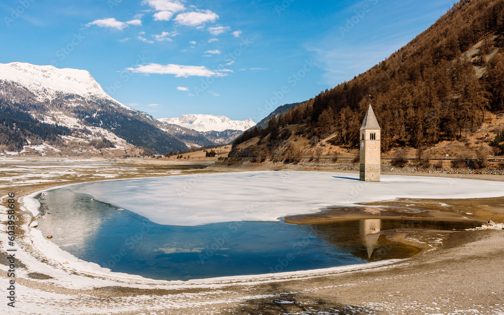 Famous 14th-century bell tower in Reschensee, Lake Reschen and the old ...