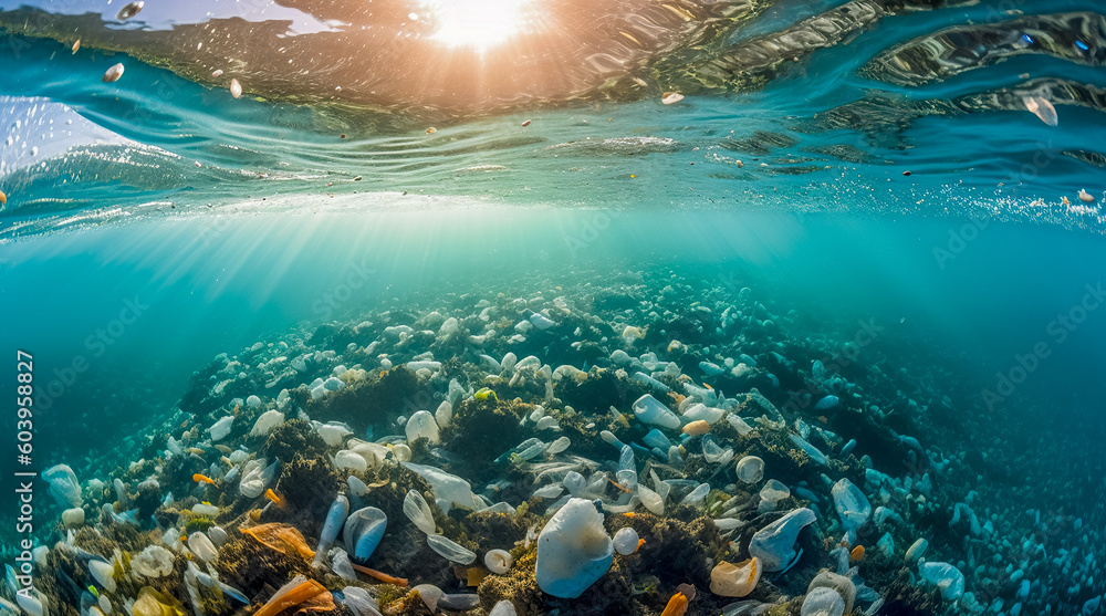 Plastic pollution in ocean. Problem plastic bottles and microplastics ...