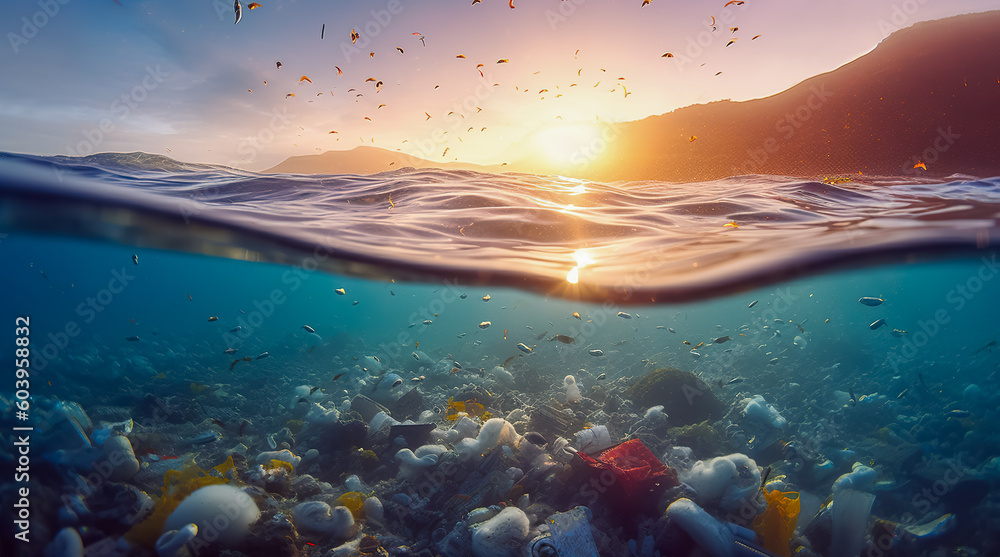 Plastic pollution in ocean. Problem plastic bottles and microplastics ...