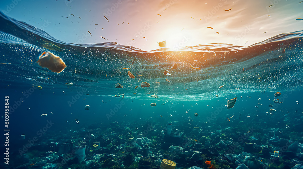 Plastic pollution in ocean. Problem plastic bottles and microplastics ...