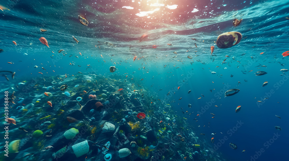 Plastic pollution in ocean. Problem plastic bottles and microplastics ...