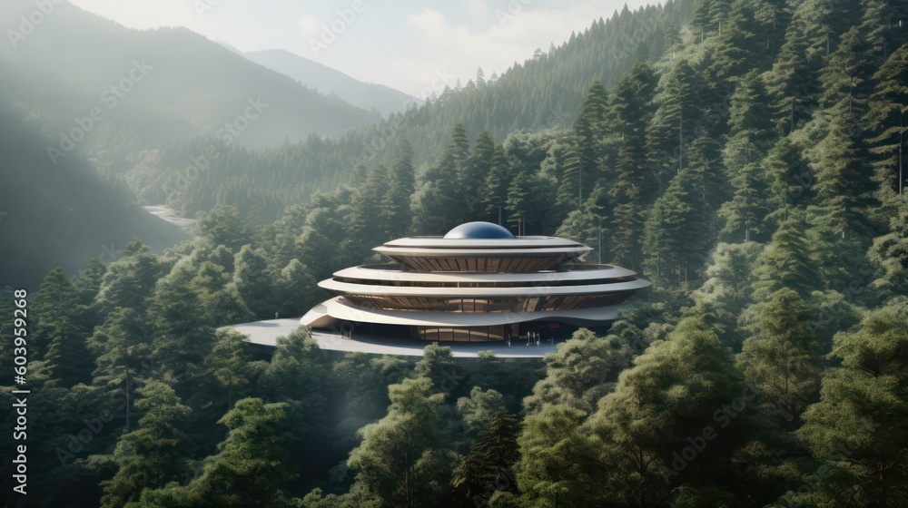 "Under dappled sunlight, a modern museum, an architectural marvel, lies ...