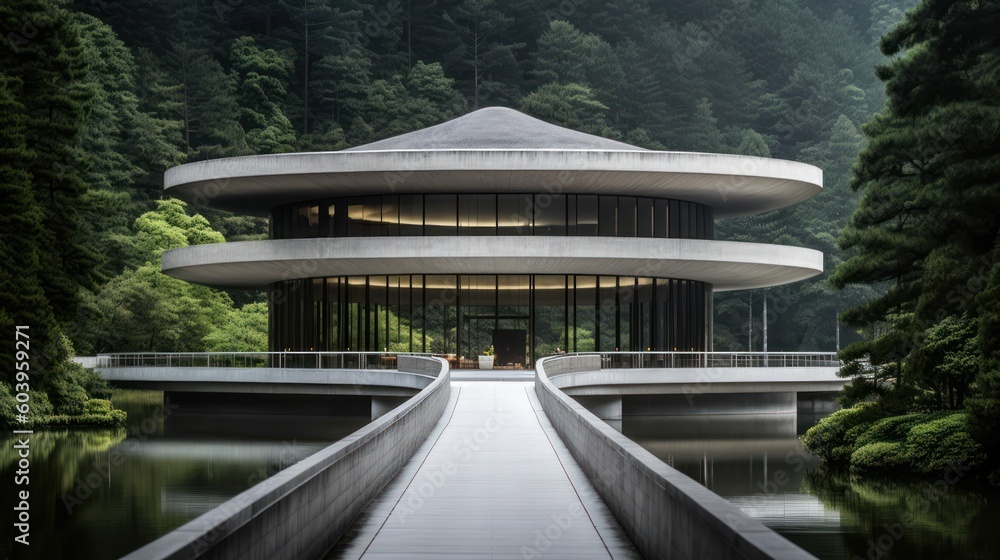 "Under dappled sunlight, a modern museum, an architectural marvel, lies ...