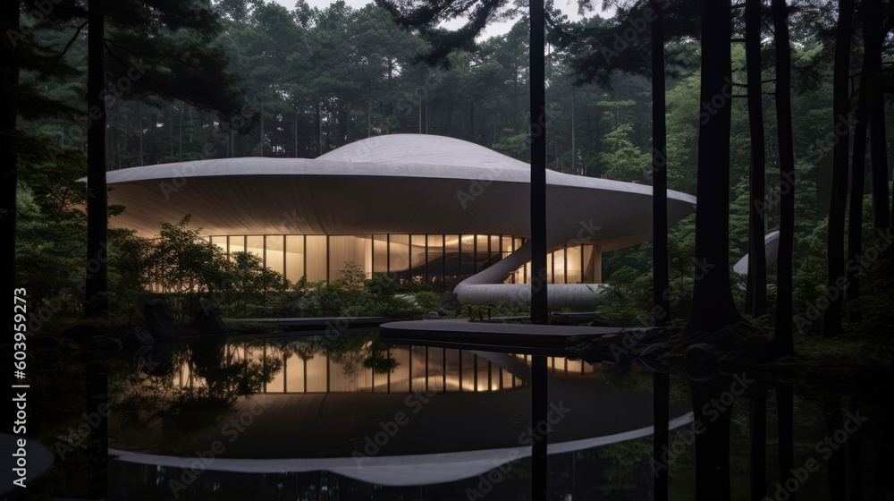 "Under dappled sunlight, a modern museum, an architectural marvel, lies ...