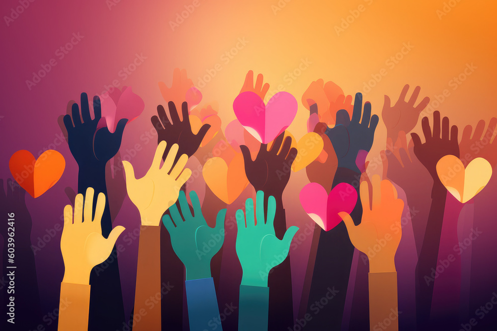 Group of diverse people with arms and hands raised towards hand painted ...