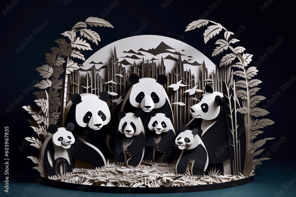 An intricate paper-cut design of a family of pandas, with each unique ...