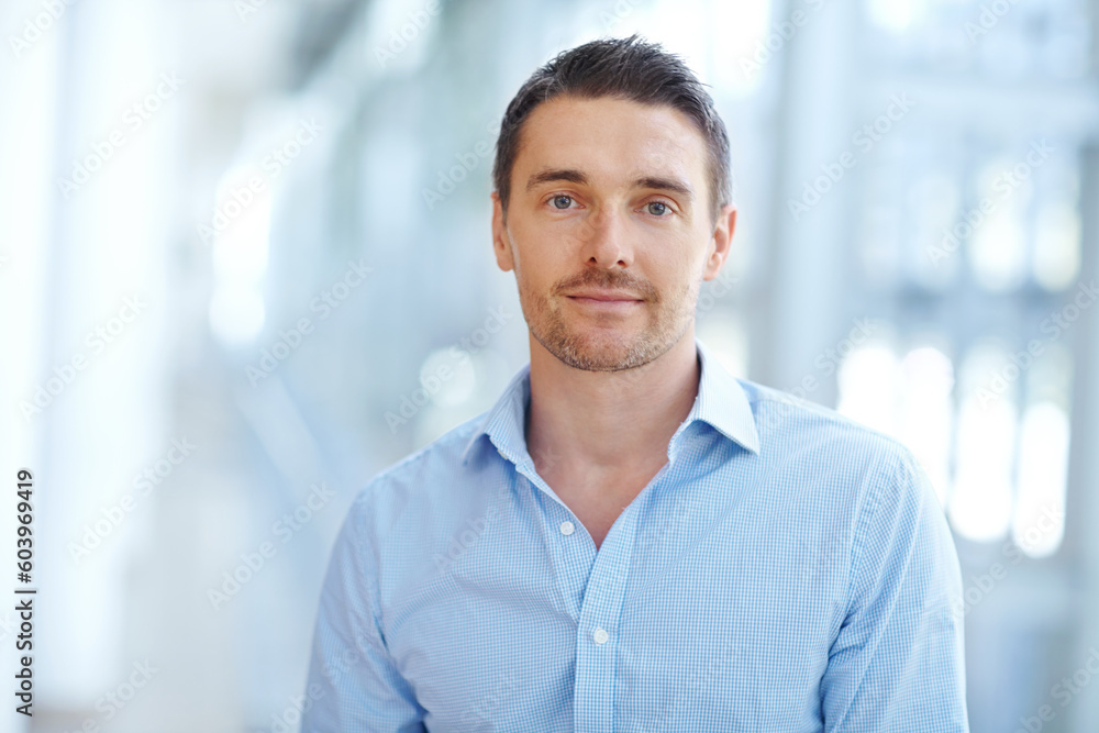 Businessman, portrait and serious face in modern office mockup for ...