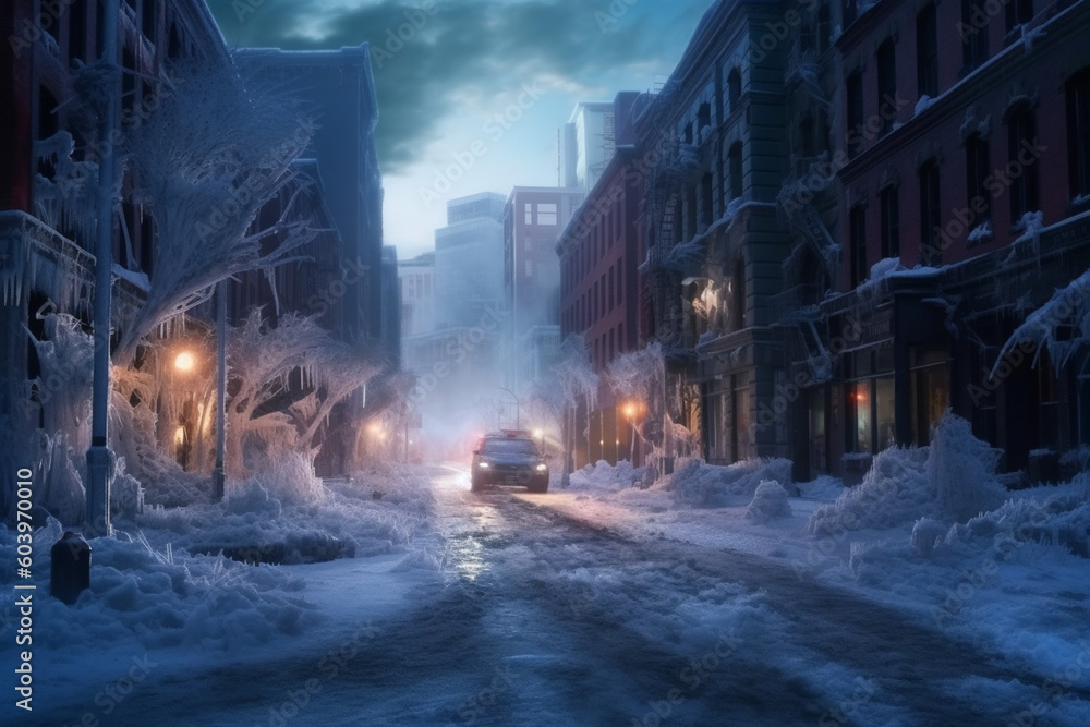 a frozen city street, with buildings, streetlights, and vehicles ...