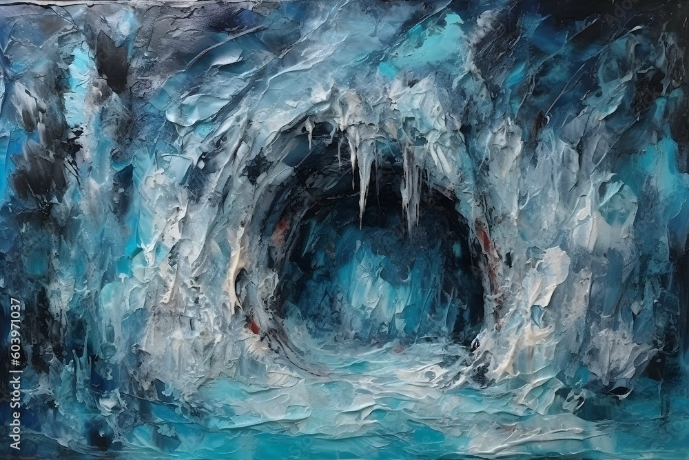 Painting of a hidden, magical ice cave with shimmering blue walls and ...