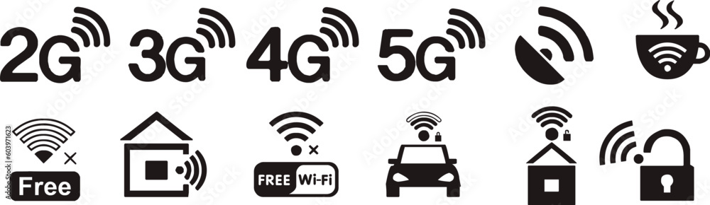 Wifi Icons Black Flat Design. 3G 4G 5G 6G icons Stock Vector | Adobe Stock