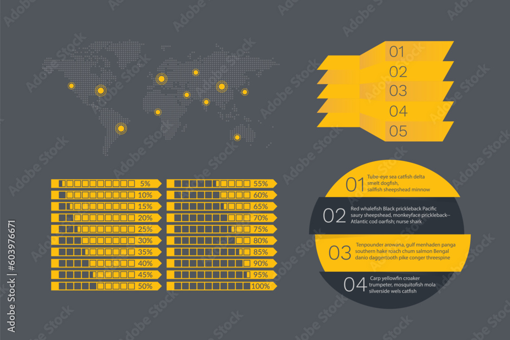 Percentage charts. 4, 5 Steps infographics. World map. Vector set for ...