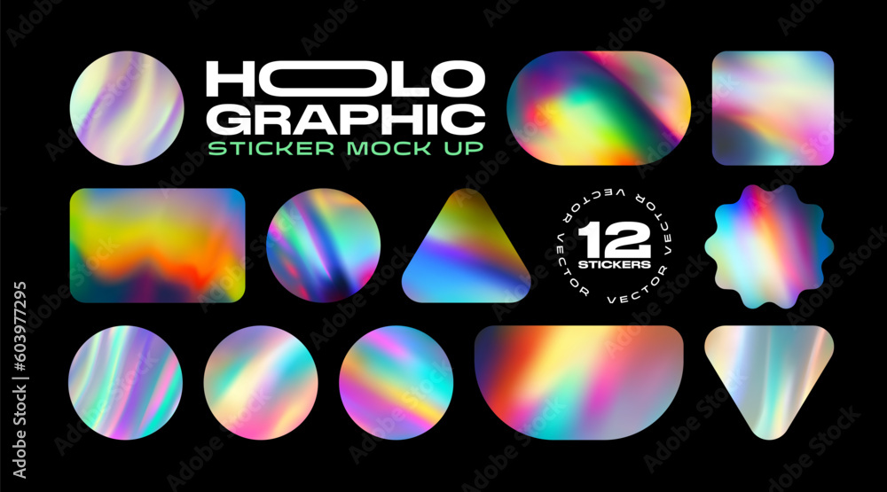 Holographic stickers pack mockup. Hologram labels of different shapes ...