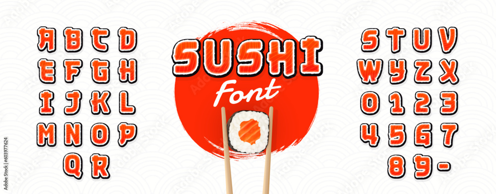Sushi font. Letters and number in the form sushi, rolls. Font for sushi ...