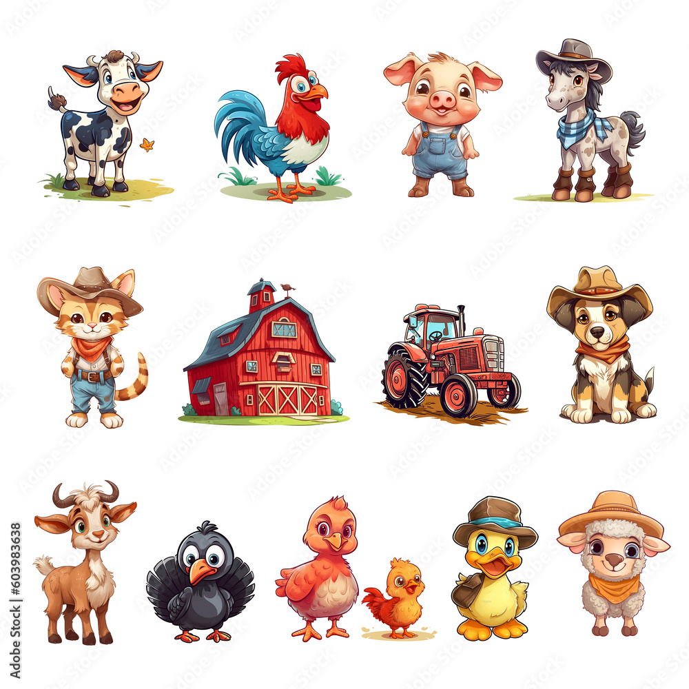 Set of cartoon farm animals clipart. Generative AI. ilustração do Stock ...
