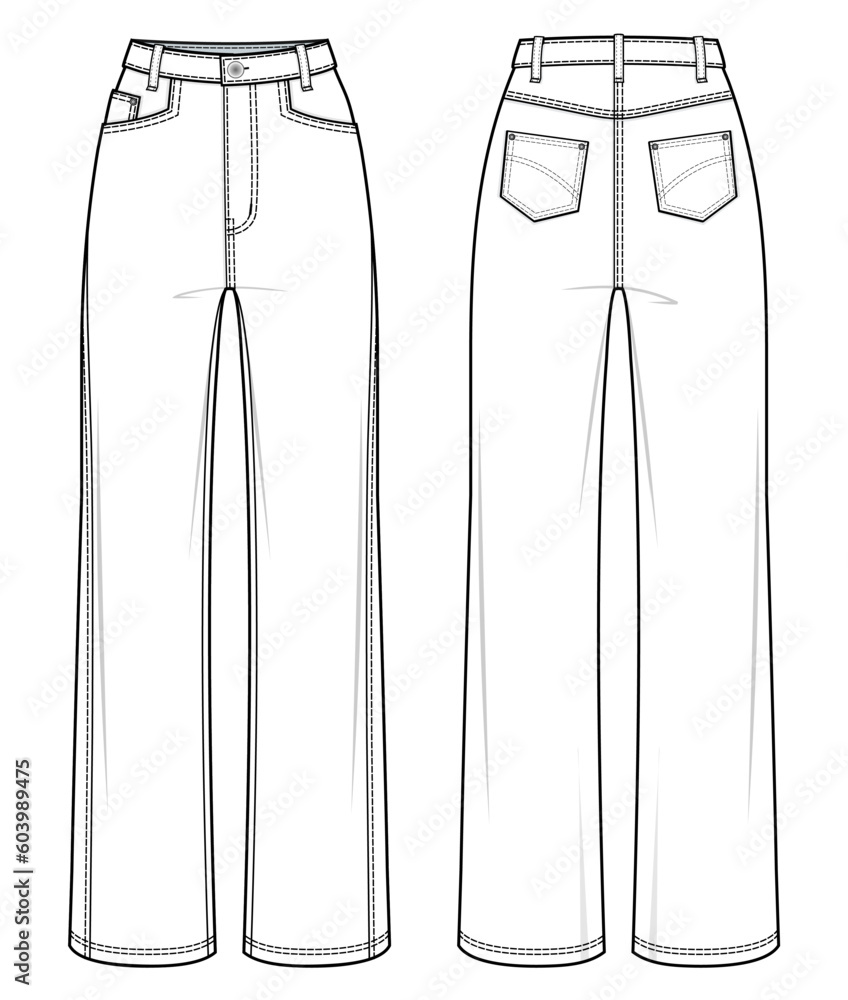 90's Wide-leg Jeans flat technical drawing template. Women's 90's Wide ...