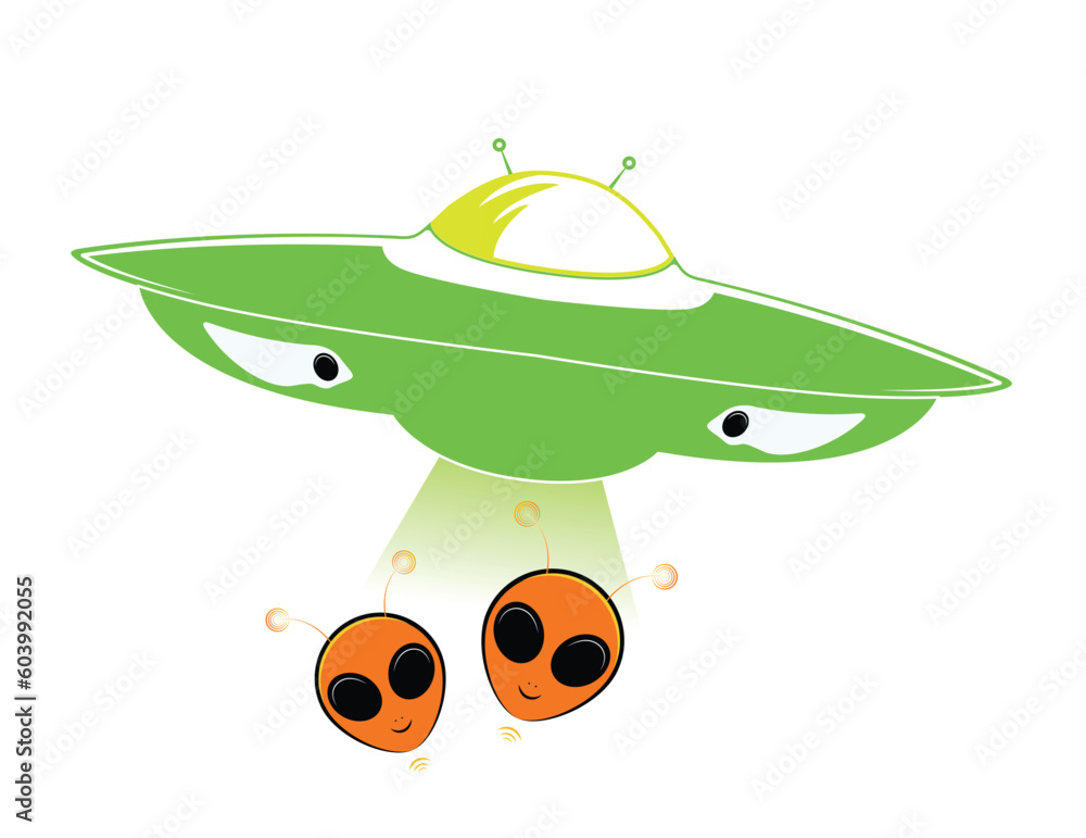 A cartoon of an alien spaceship with two faces and two orange aliens is ...