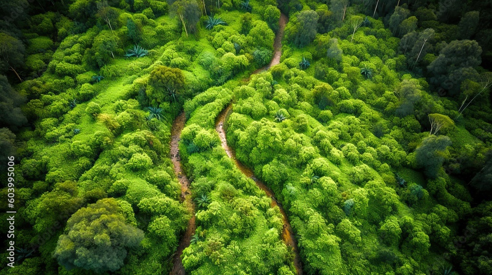 World Environment Day. Aerial view of a vibrant green forest with a ...