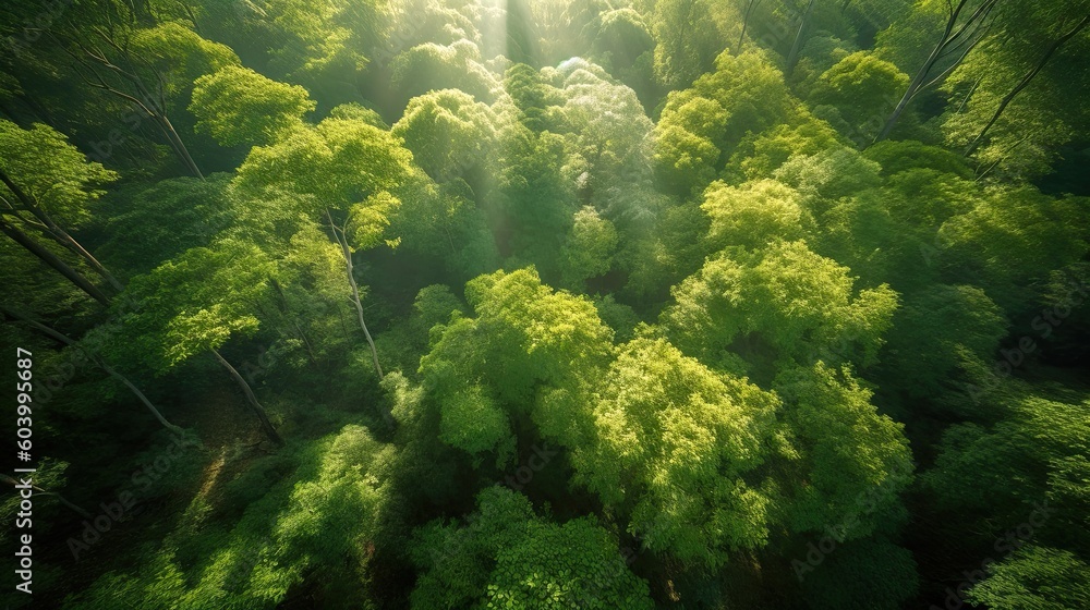 World Environment Day. Aerial view of a vibrant green forest with a ...